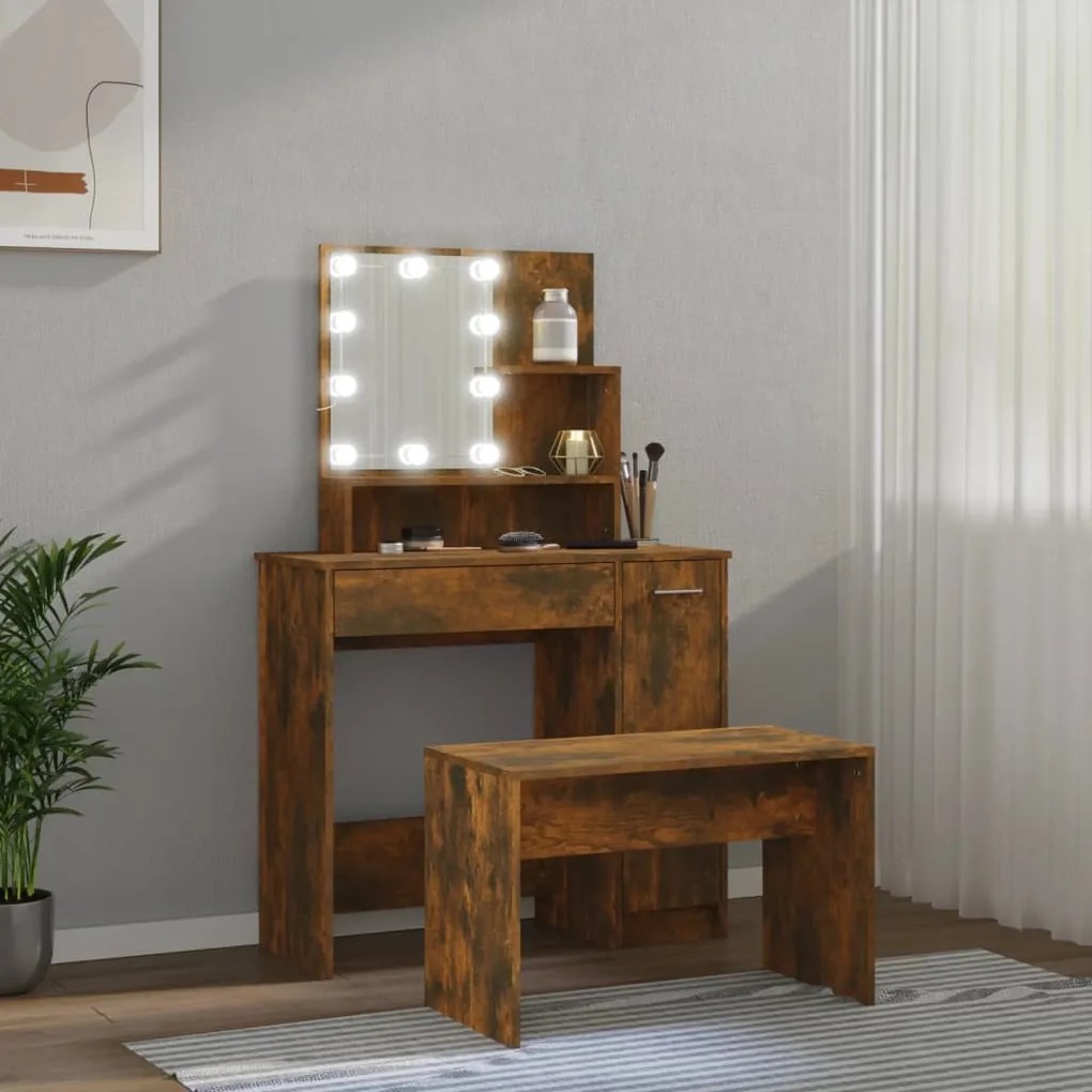 vidaXL Toaletní stolek sada s LED kompozitní dřevo [3114120] Barva: Bílá