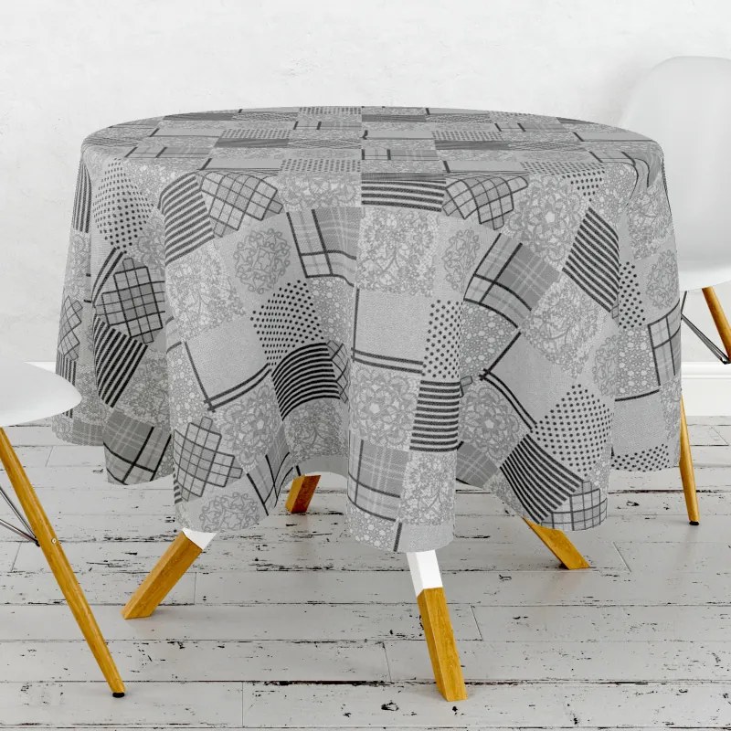 Ubrus PVC kulatý M-193B – Šedý patchwork (různé velikosti)
