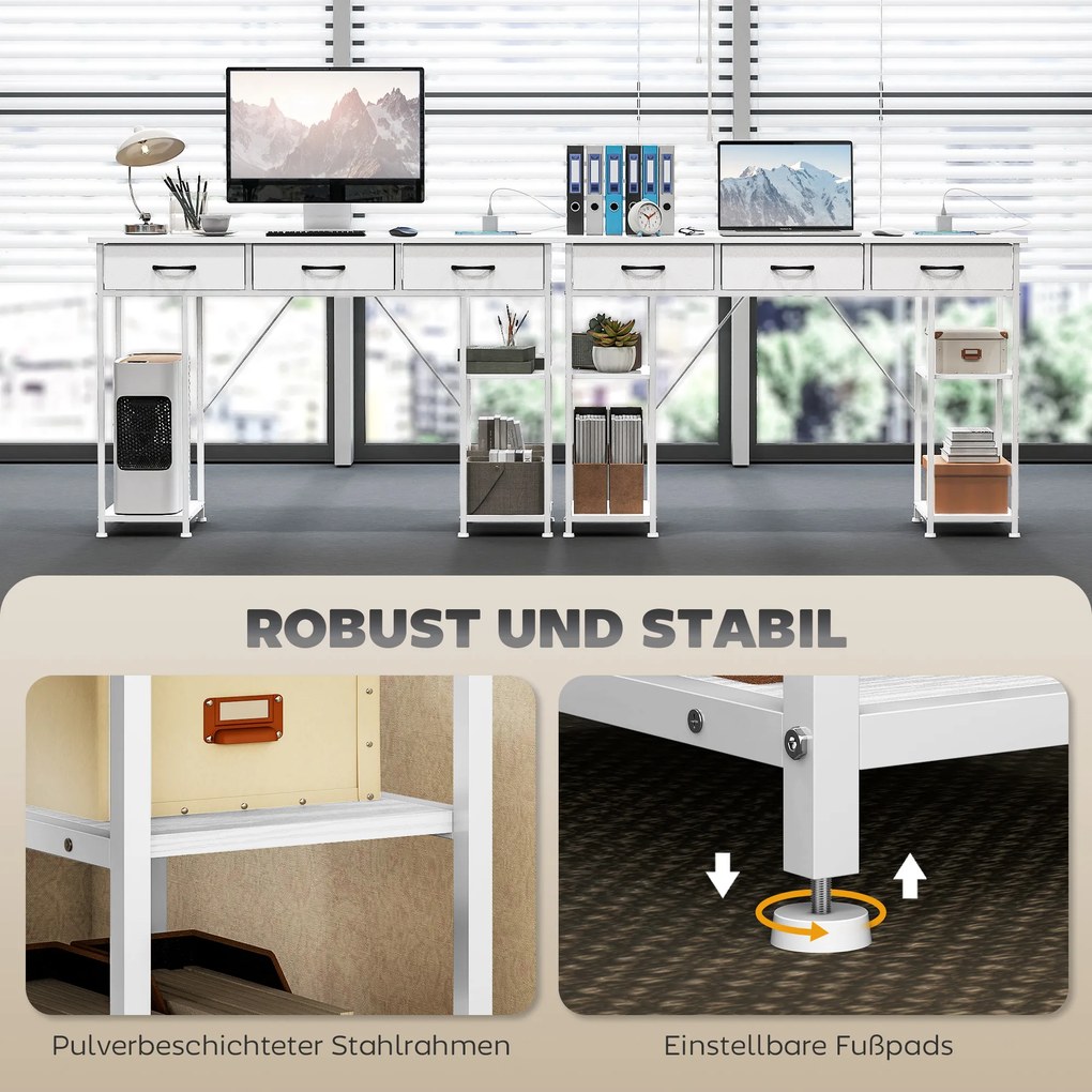 HOMCOM Psací stůl / kuchyňský stůl s 2 USB nabíjecími porty, 2 zásuvky, nastavitelné police, 3 látkové zásuvky, 120 x 40 x 76 cm, bílý