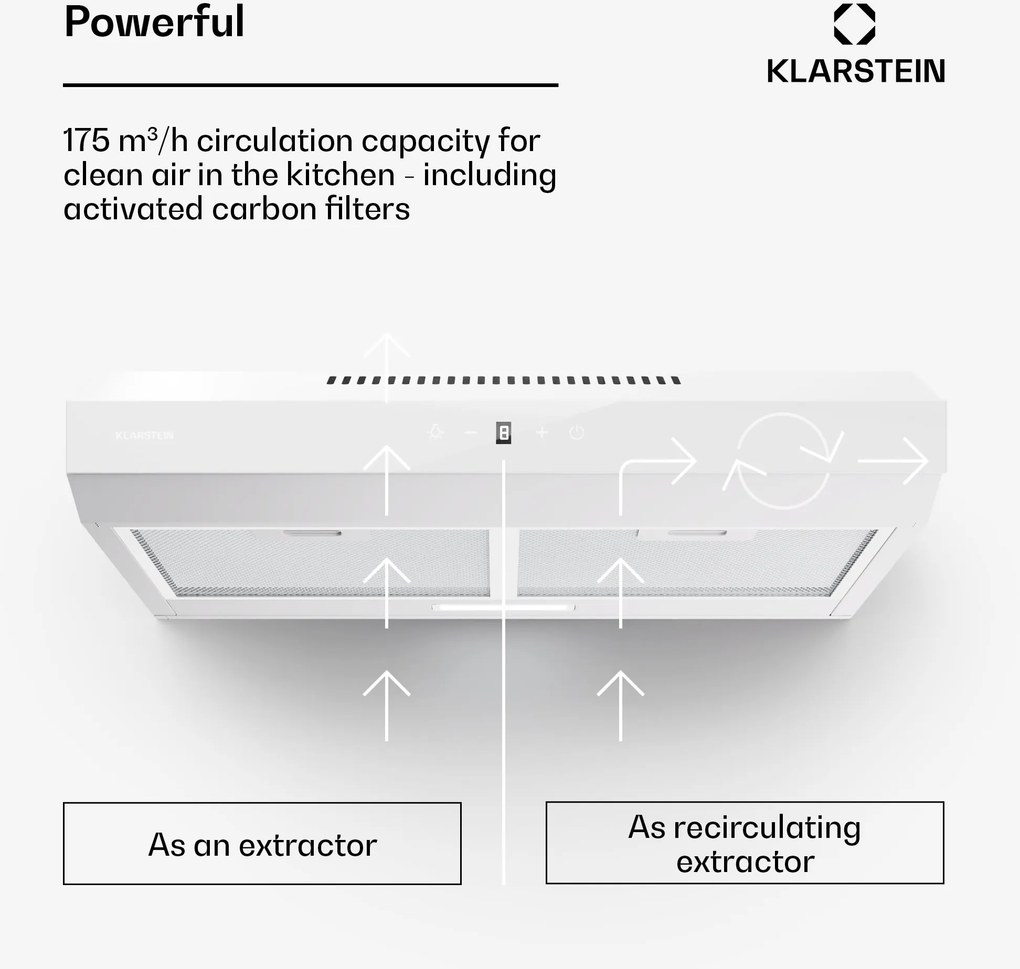 Klarstein Contempo Neo, digestoř, podskříňková, recirkulace, 175 m³/h, SenseControl, integrované dotykové ovládání, nerezavějící ocel / akrylátové sklo