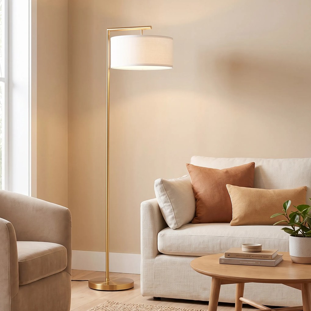 HOMCOM Stojací lampa s paticí E27 Stojací lampa do obývacího pokoje ložnice kancelář, kov ocel plátno zlatá bílá 47x37x153 cm | Aosom.de