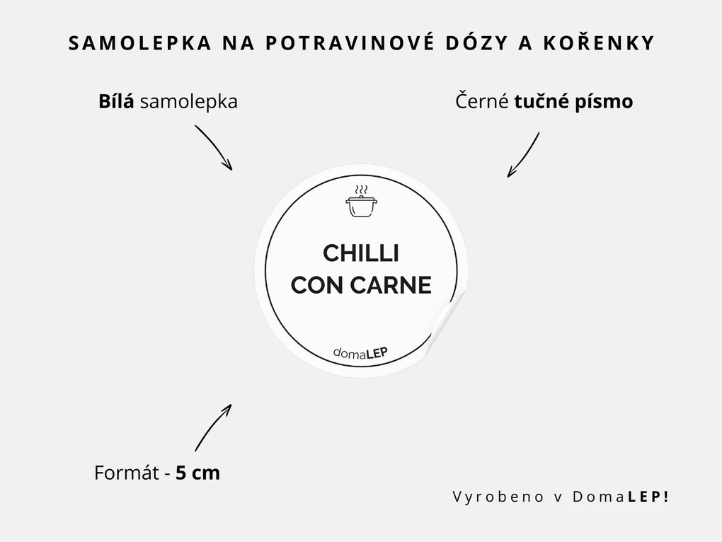 CHILLI CON CARNE - omyvatelná samolepka na kořenky, výběr rozměrů Ø 5 cm / 5 x 5 cm / 6 x 8 cm | DomaLEP tvar: OBDÉLNÍK, barva: BÍLÁ - ČERNÉ písmo, velikost: š. 6 cm x v. 8 cm - tučné písmo