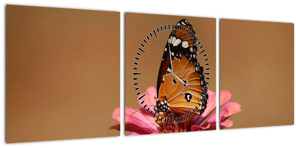 Obraz motýla na květině (s hodinami) (90x30 cm)