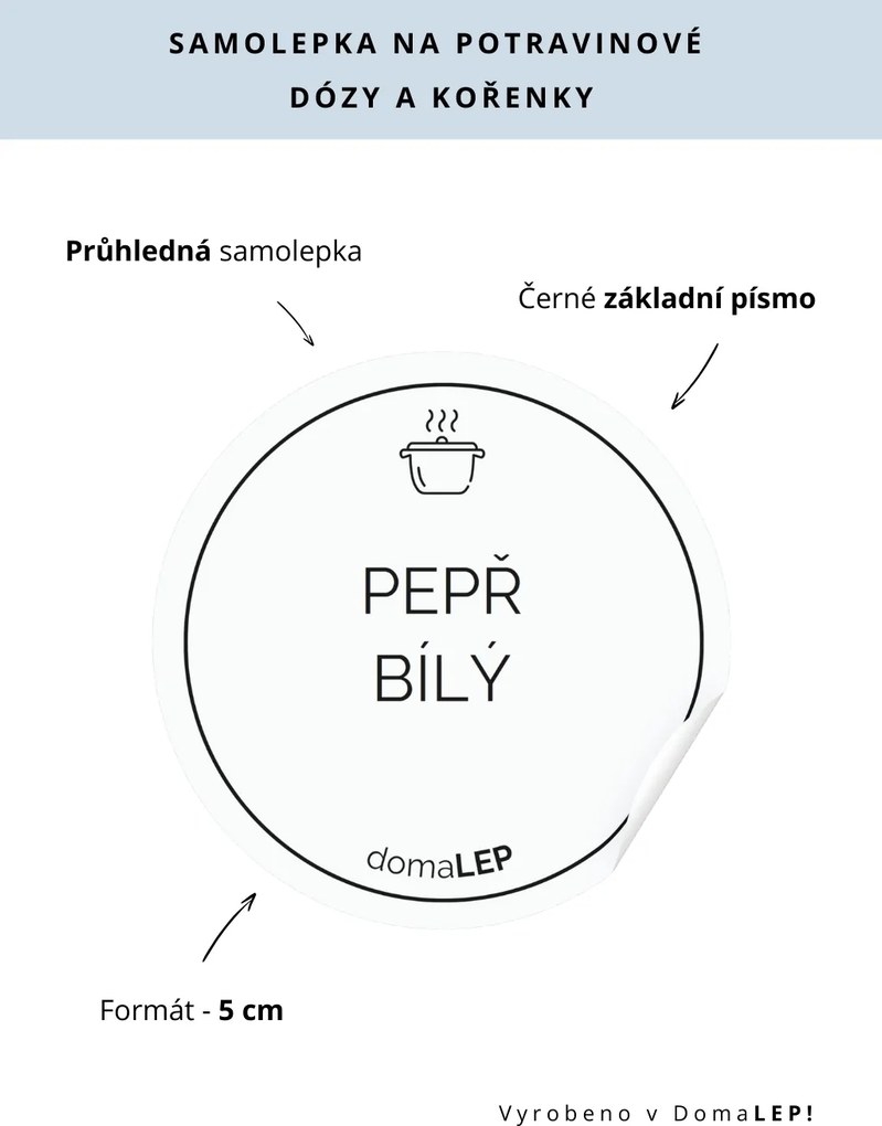 Samolepka na kořenky PEPŘ BÍLÝ průhledná 5 cm základní písmo