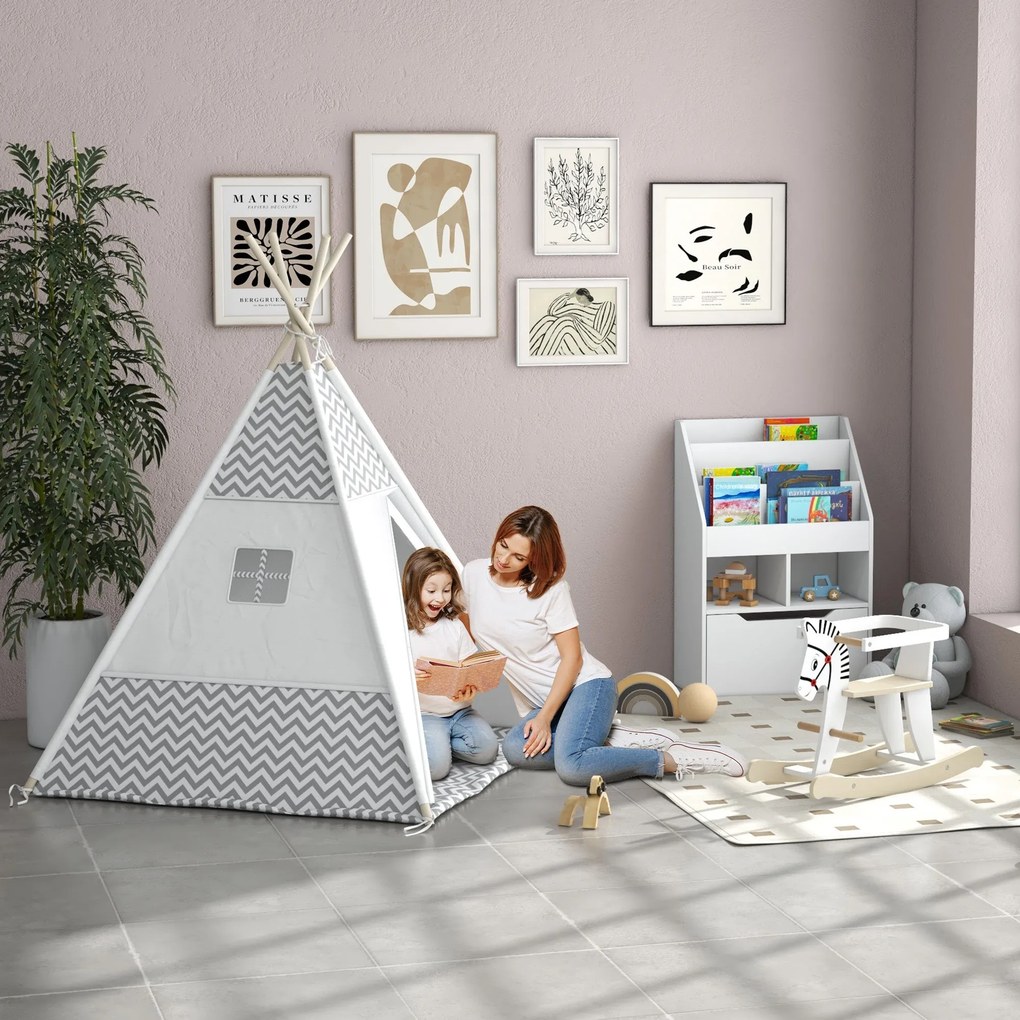 HOMCOM Dětský teepee stan Indický - dim. 1,2L x 1,2W x 1,55H m - Uzavíratelná dveřní okna, podložka, polštář a taška na nošení součástí balení - Inte…