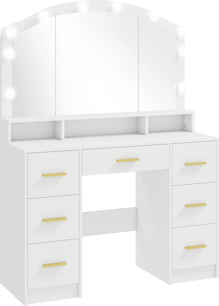HOMCOM Toaletní stolek s 10 LED hollywoodskými žárovkami, zrcadlo, 7 zásuvek, 3 přihrádky, MDF, bílá