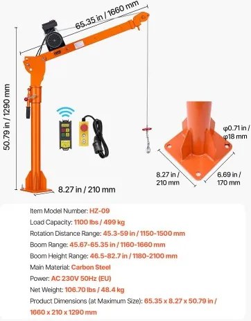 Elektrický autojeřáb, Teleskopický výložník otočný o 360° VEVOR – 1660 × 210 × 1290 mm