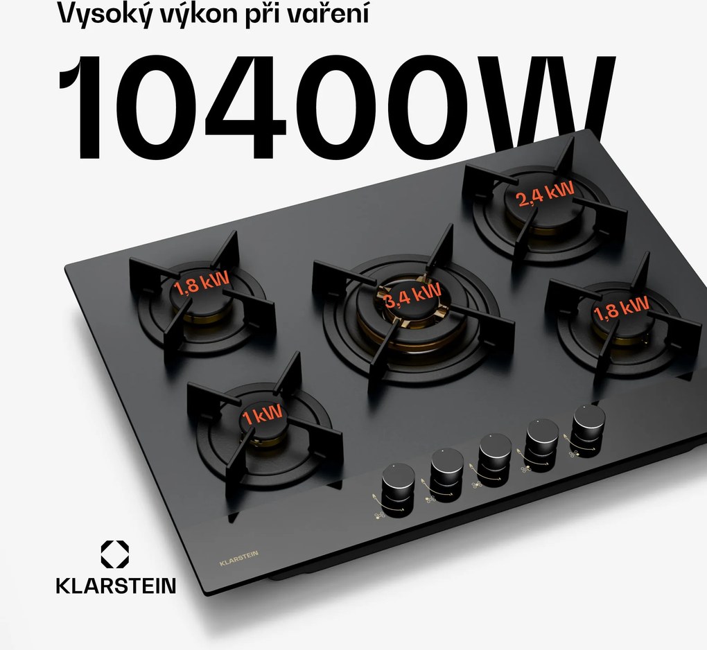 Klarstein Plynová varná deska Goldflame Nano, 5 mosazných hořáků, Nano povlak, LPG/zemní plyn