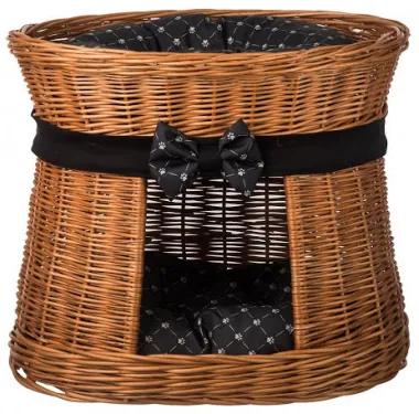 ČistéDřevo Proutěný pelíšek s boudou přírodní - obšitý s černou mašlí