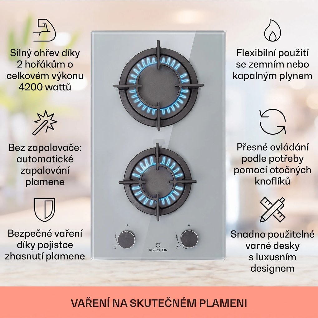 Klarstein Firetale plynová varná deska 2 hořáky, hliníkový hořák, zemní plyn/propan, včetně hadice a redukčního ventilu