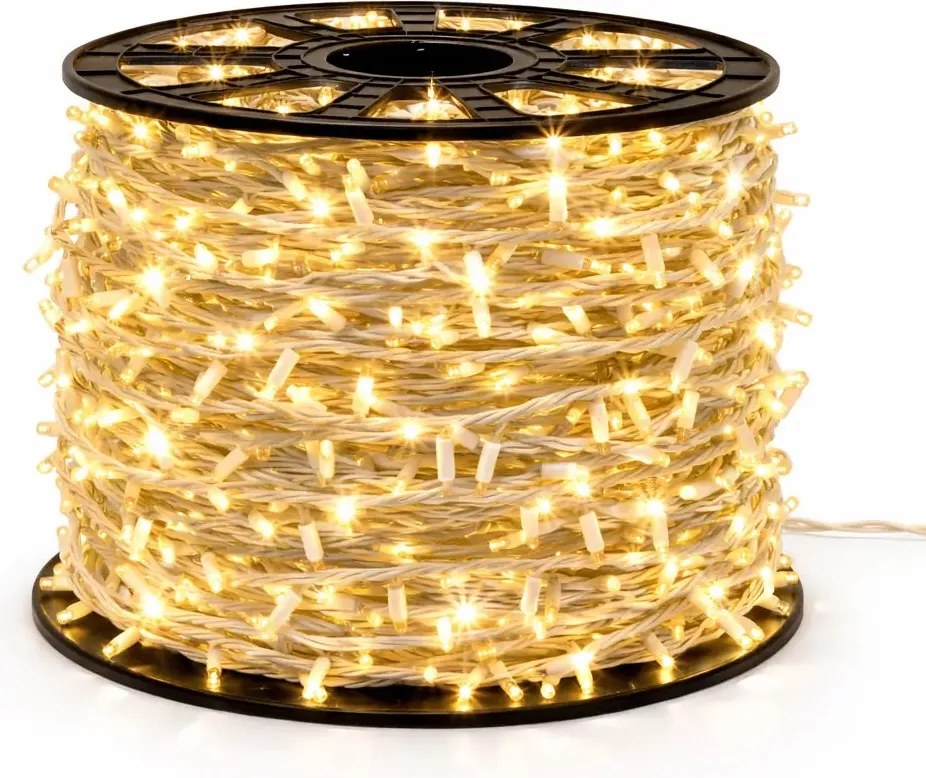 Easy Fix LED světelný řetěz, 100 m, venkovní, teple bílá s FLASH, 2000 diod, bílý kabel, IP67, cívka