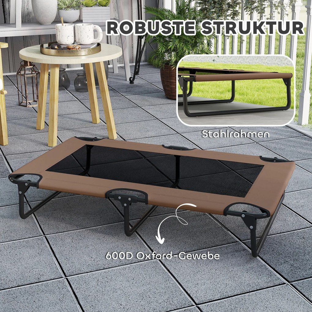 PawHut Zvedená Skládací Psí Postel, Venkovní Psí Lehátko s Mřížkovým Designem, Prodyšné, pro Velké Psy Káva Oxford 107 x 61 x 20 cm