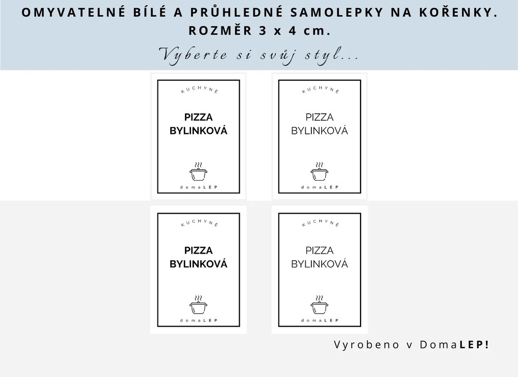 PIZZA BYLINKOVÁ - Samolepka na kořenky 3 x 4 cm - DomaLEP varianta: PRŮHLEDNÁ - základní písmo