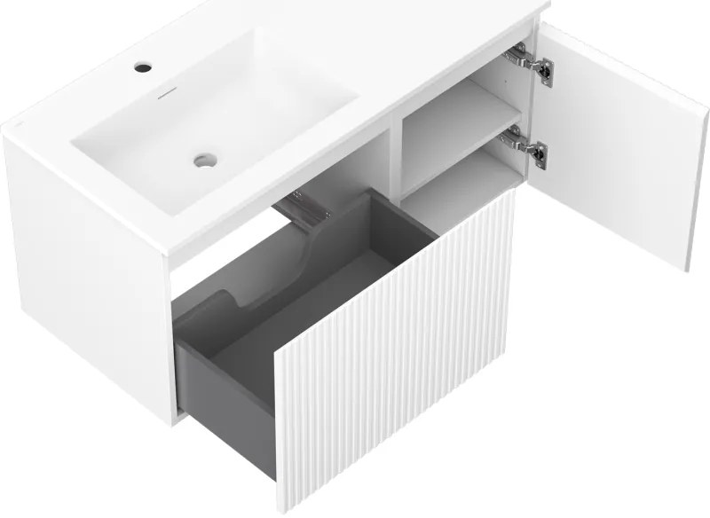 Mexen Rivel, koupelnová skříňka 100 cm s levým umyvadlem Otis, 1S, 1D, drážkovaná, bílá matná, 91A23-10047-3-BBFF01-W18L01