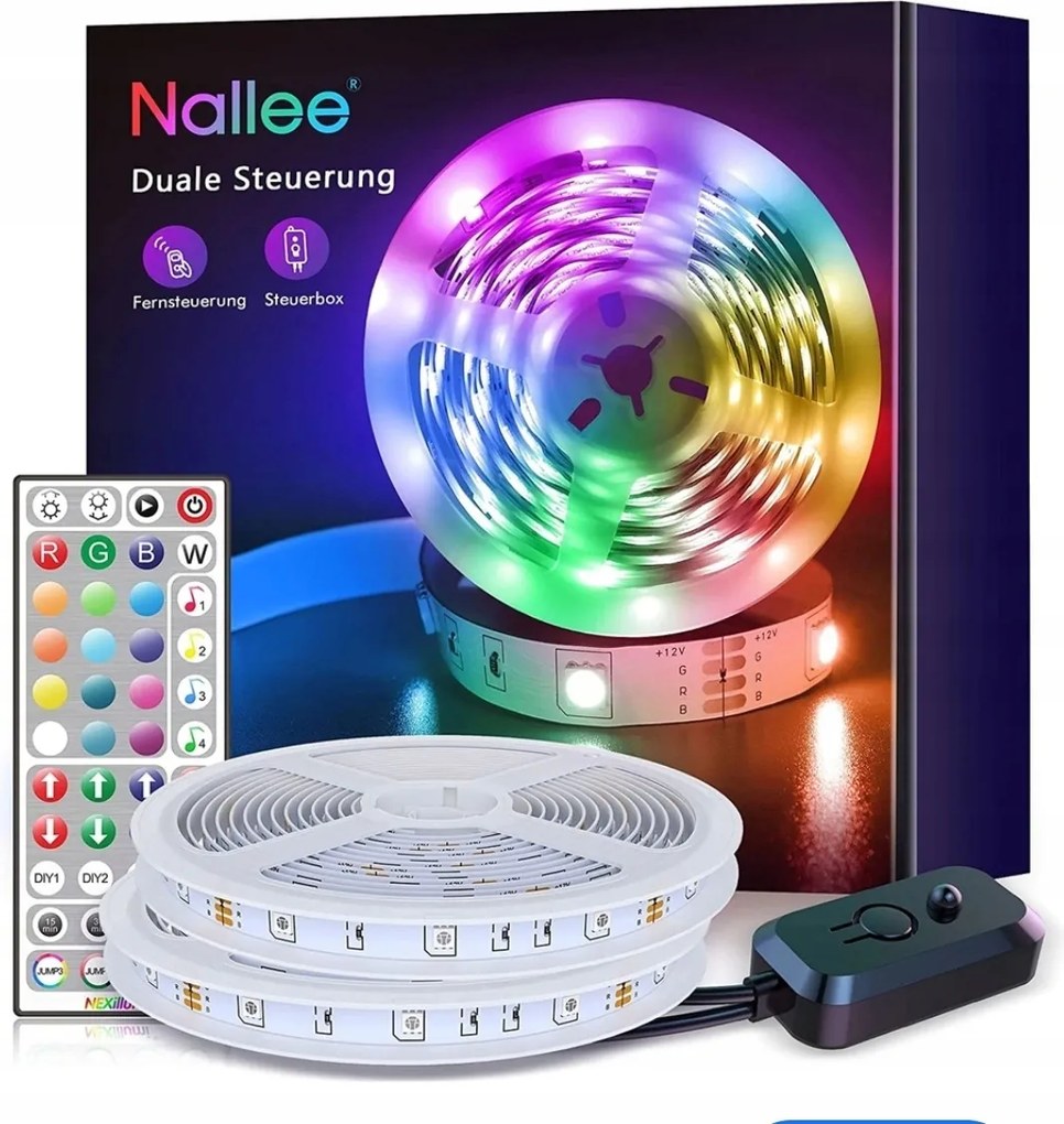 Led pásek Nallee 15m Rgb 2x7.5 M dálkový ovladač ovladač synchronizace s hudbou