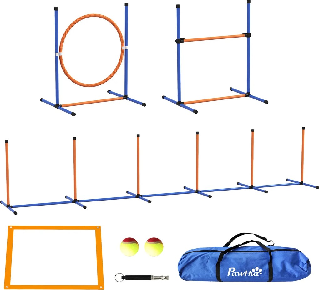 PawHut Agility Set pro psy, 4-dílná sada pro výcvik psů s nastavitelnou výškou překážek, slalomovými tyčemi, boxem na přestávky, skákacím kruhem, přek