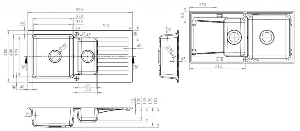 Vima Dřezový set Hansgrohe 3/C- Granitový dřez, 1,5 sektoru, 96x48cm, Šedá + Dřezová baterie Hansgrohe Focus