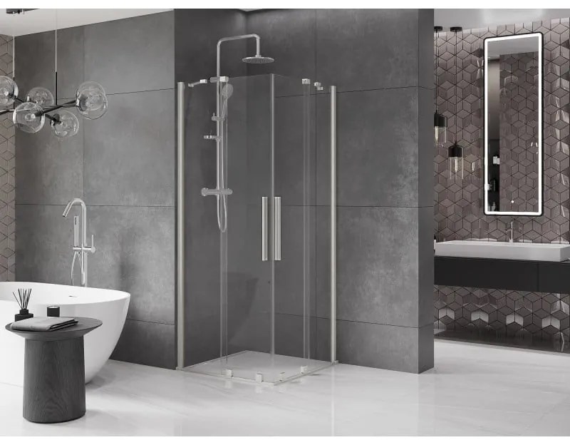 Mexen Velar Duo, sprchový kout s posuvnými dveřmi 90 x 90 cm, 8mm čiré sklo, broušená ocel, 871-090-090-02-97