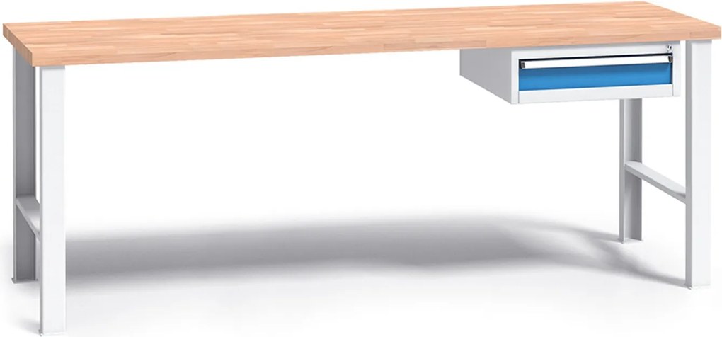 Pracovní stůl do dílny G3 se závěsným boxem na nářadí, buková spárovka, 1 zásuvka, pevné kovové nohy, 2000 mm, modrá