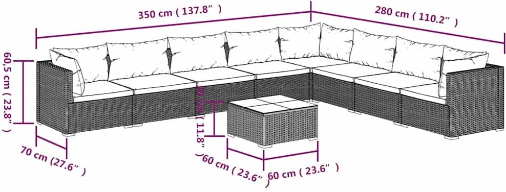 9dílná zahradní sedací souprava s poduškami polyratan černá 3101777