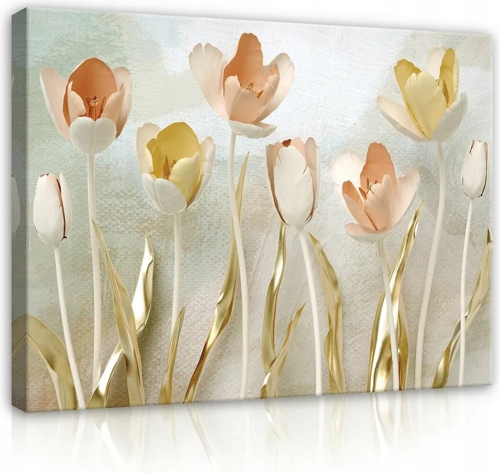 Obraz 120x80 Tulipány květiny abstrakce 3D efekt textura pastelové zlato