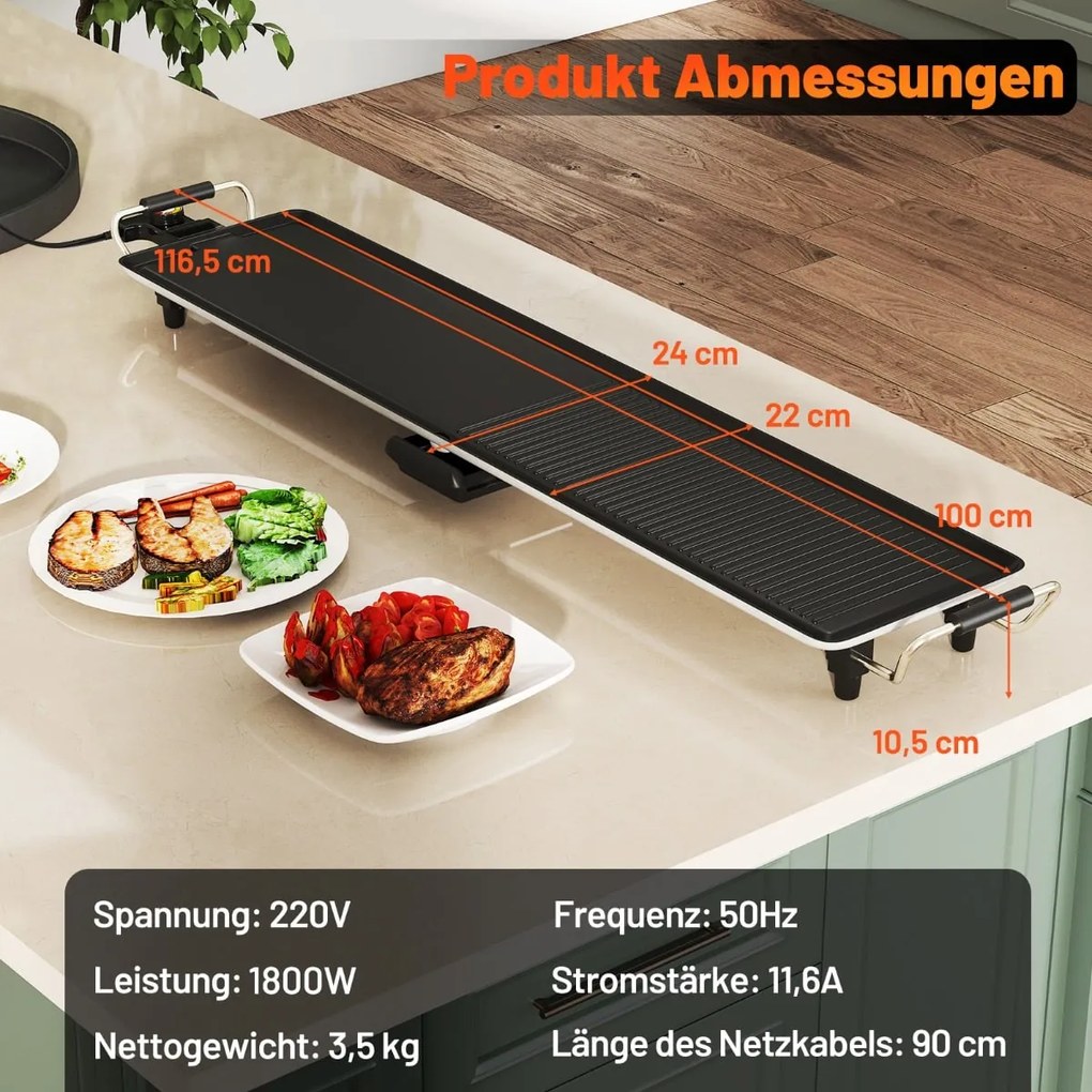 Costway Teppanyaki gril 1800 W elektrický grilovací talíř nepřilnavý stolní gril