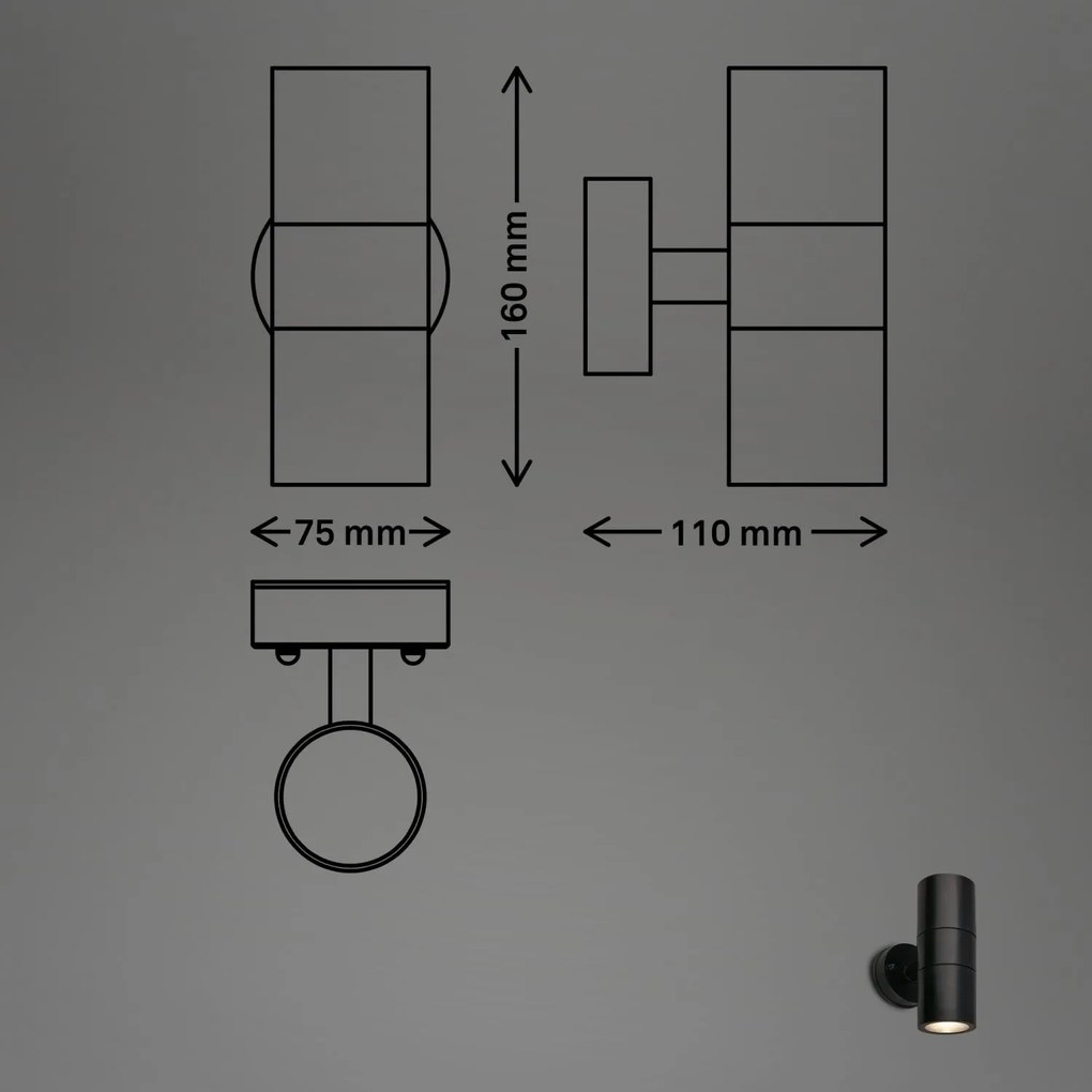 BRILO 3792025 Venkovní nástěnné svítidlo, IP54 voděodolné a prachotěsné, Up/Down, 16cm výška, černá - BRILO