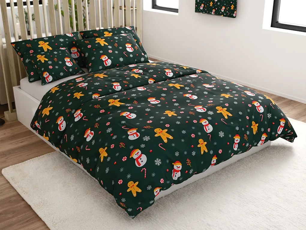 Polybavlněné povlečení SNĚHULÁK A PERNÍČEK POLY zelené Rozměr povlečení: 2 ks 70 x 90 cm | 200 x 220 cm