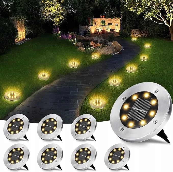 8 x Solární Lampa Led Zahradní Nájezdová Zemní Disky Výkonné Lampy 8 Led