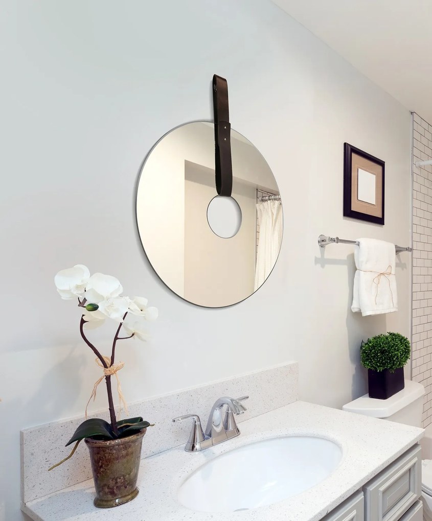 Amirro Kruhové zrcadlo na zeď do pokoje ložnice koupelny předsíně kulaté RING s dekorativním závěsem z pravé kůže 909-332