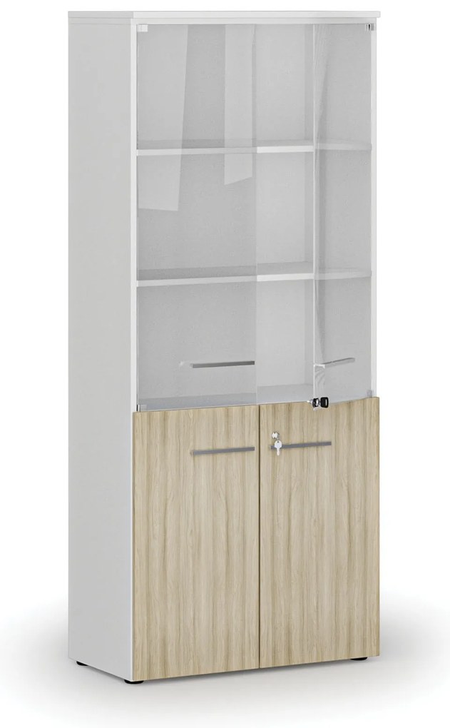 Kombinovaná kancelářská skříň PRIMO WHITE s dřevěnými a skleněnými dveřmi, 800 x 420 x 1781 mm, bílá/dub přírodní