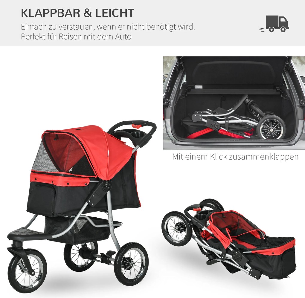 PawHut Kočárek pro psy Dog Buggy Cat Buggy Pet Stroller skládací se 3 koly pro psy a kočky Oxford Red Black 109,5 x 54,5 x 106,5 cm |