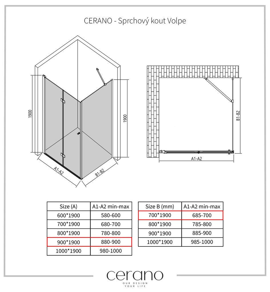 CERANO - Sprchový kout Volpe L/P - chrom, transparentní sklo - 90x70 cm - skládací