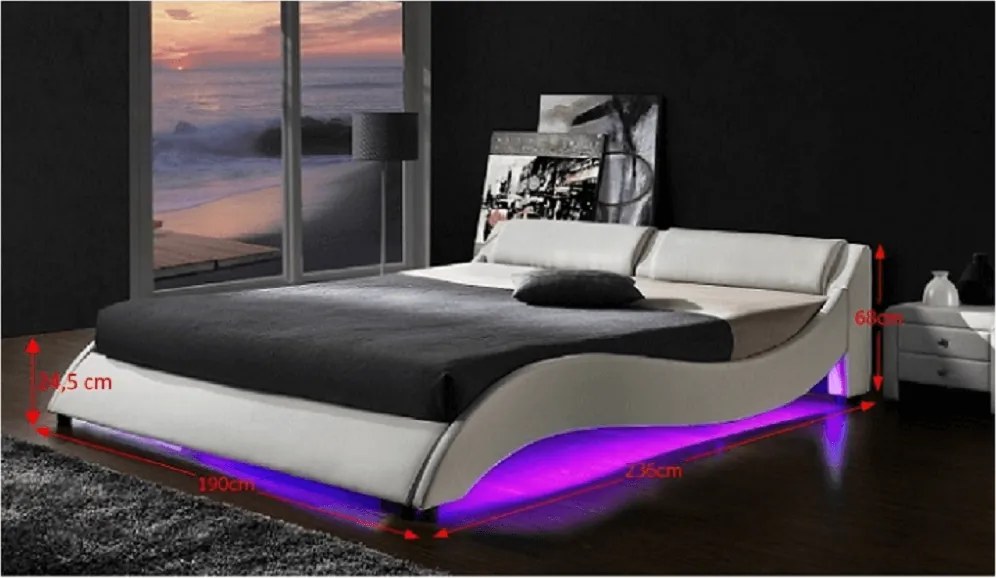 Postel s RGB LED osvětlením, bílá ekokůže, 160x200, PASCALE
