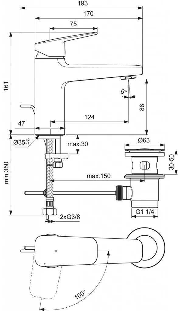 Ideal Standard Ceraplan - Umyvadlová baterie Grande s BlueStart s kovovou odtokovou garniturou, černá matná BD228XG