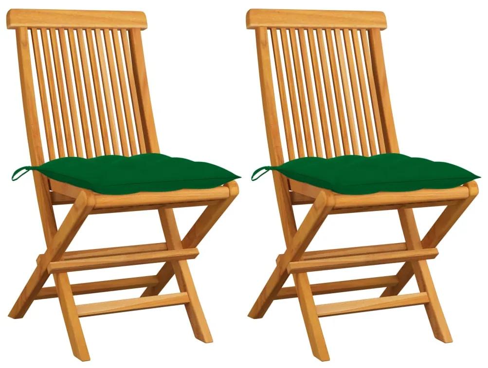 3062480 vidaXL Zahradní židle se zelenými poduškami 2 ks masivní teak