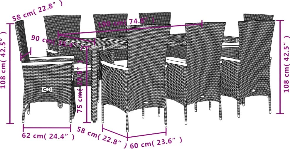 7dílný zahradní jídelní set s poduškami černý polyratan 3277509