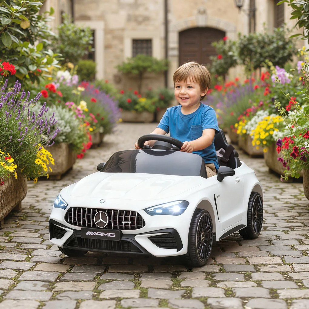 AIYAPLAY Dětské elektrické auto, design Mercedes, 12V motory, dálkové ovládání, LED světla, hudba, pro děti 3-6 let, bílé