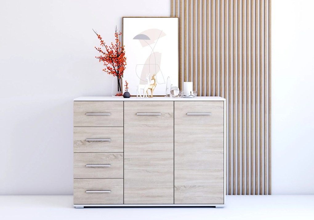 IDZ Komoda FRIDA 2D4S 01, 135 cm Dub Sonoma / Bílá
