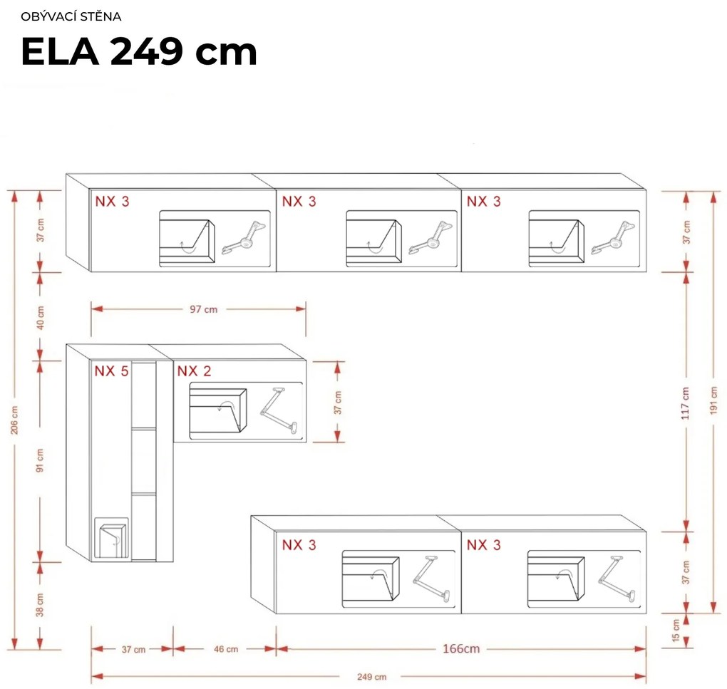 Ral Obývací stěna ELA 1, 249 cm - Bílý lesk