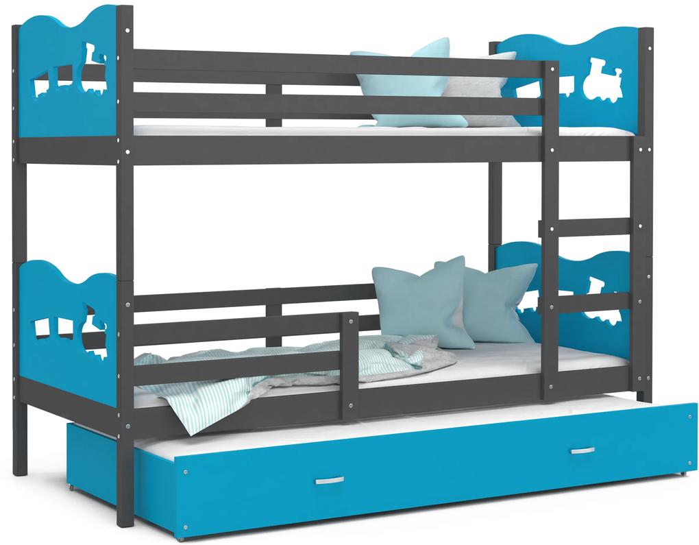 Patrová postel pro 3 děti - barevný rám - 200 x 90 cm