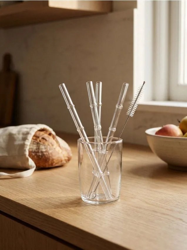 Sinsay - Sada skleněných brček s čisticím kartáčkem 5 pack - clear
