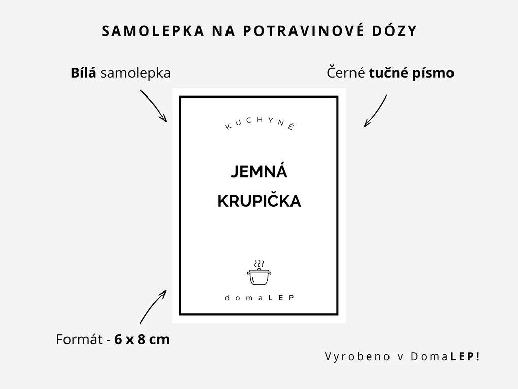 JEMNÁ KRUPIČKA - omyvatelná samolepka na dózu, výběr rozměrů Ø 5 cm / 5 x 5 cm / 6 x 8 cm | DomaLEP tvar: KOLEČKO, barva: BÍLÁ - ČERNÉ písmo, velikost: Ø 5 cm - tučné písmo