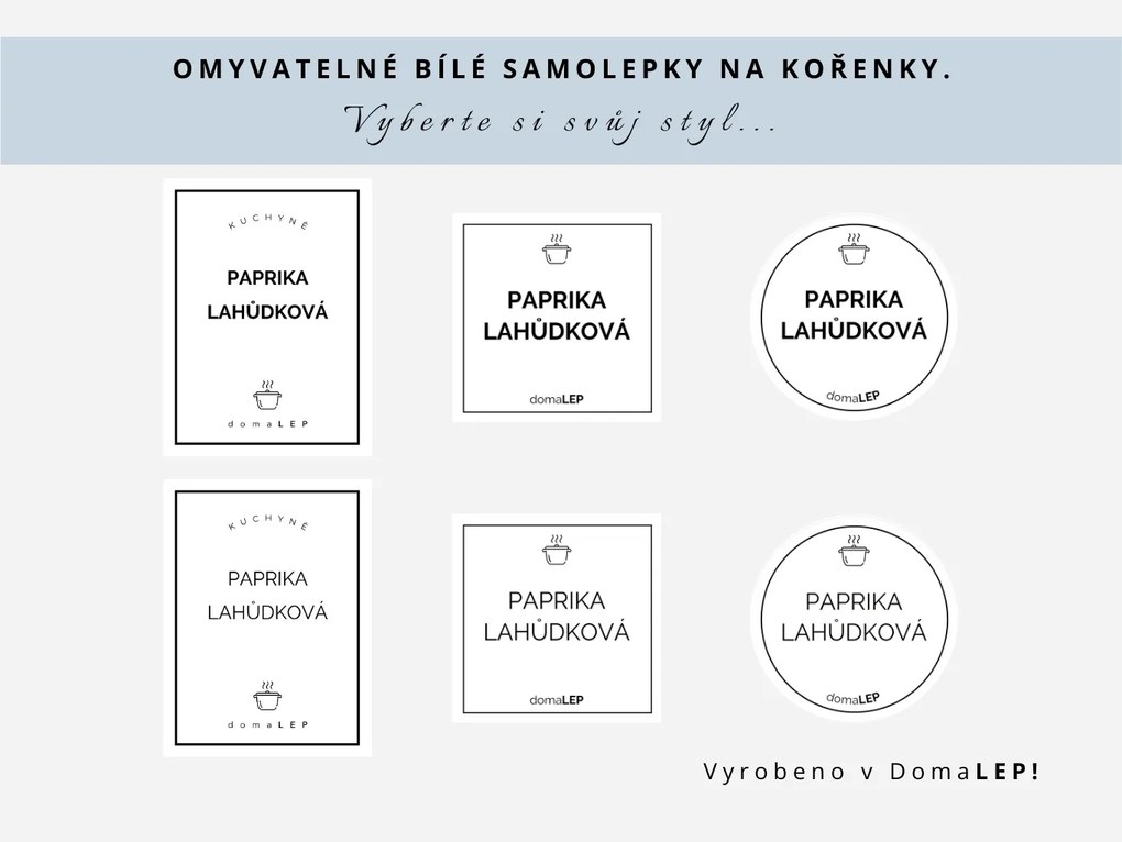 PAPRIKA LAHŮDKOVÁ - omyvatelná samolepka na kořenky, výběr rozměrů Ø 5 cm / 5 x 5 cm / 6 x 8 cm | DomaLEP tvar: ČTVEREC, barva: BÍLÁ - ČERNÉ písmo, velikost: š. 5 cm x v. 5 cm - základní písmo