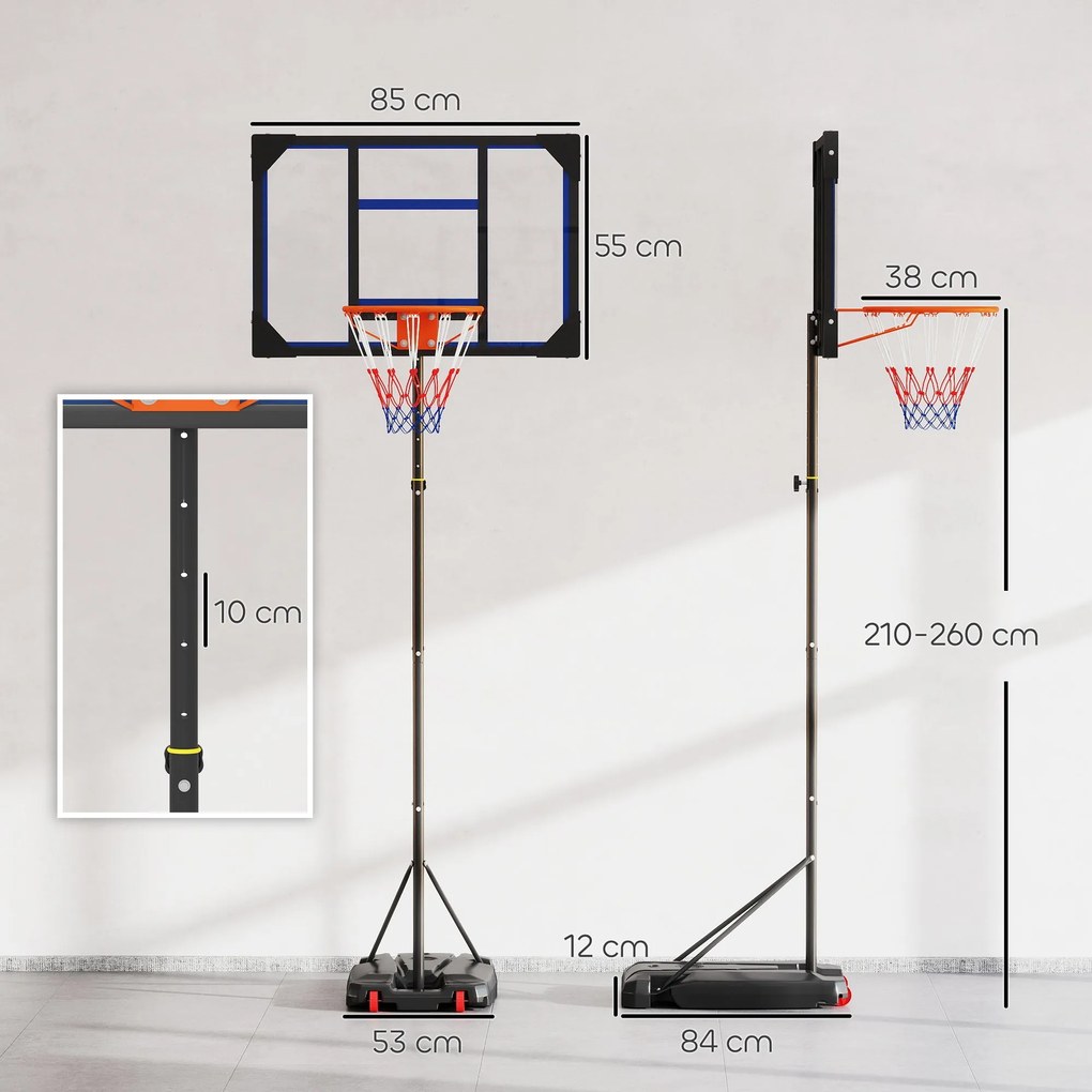 AIYAPLAY Dětský basketbalový koš, nastavitelná výška 210-260 cm, venkovní a vnitřní basketbalový koš s kolečky, zatížená základna, dárek pro chlapce a