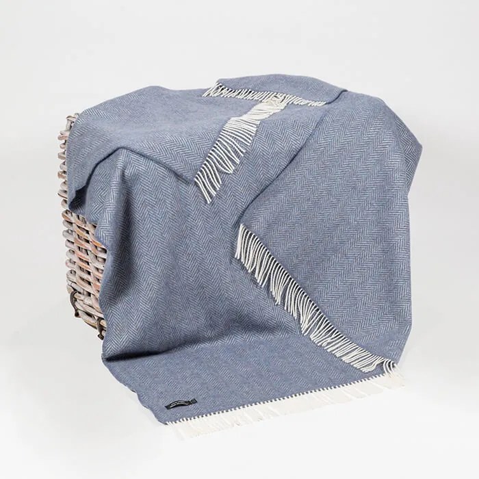 Deka Merino vlna / kašmír Denim Cream Herringbone 180 x 136 cm John Hanly