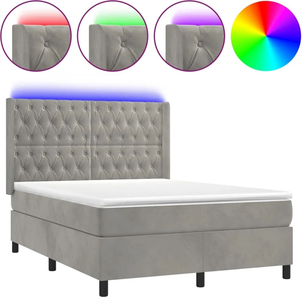 Box spring postel s matrací a LED světle šedá 140x190 cm samet 3139739