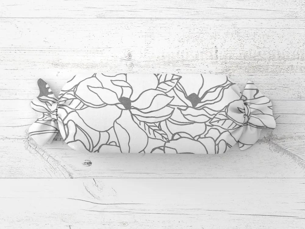 Biante Polštář válec bonbon Sandra SA-271 Šedé designové květiny na bílém 15x100 cm