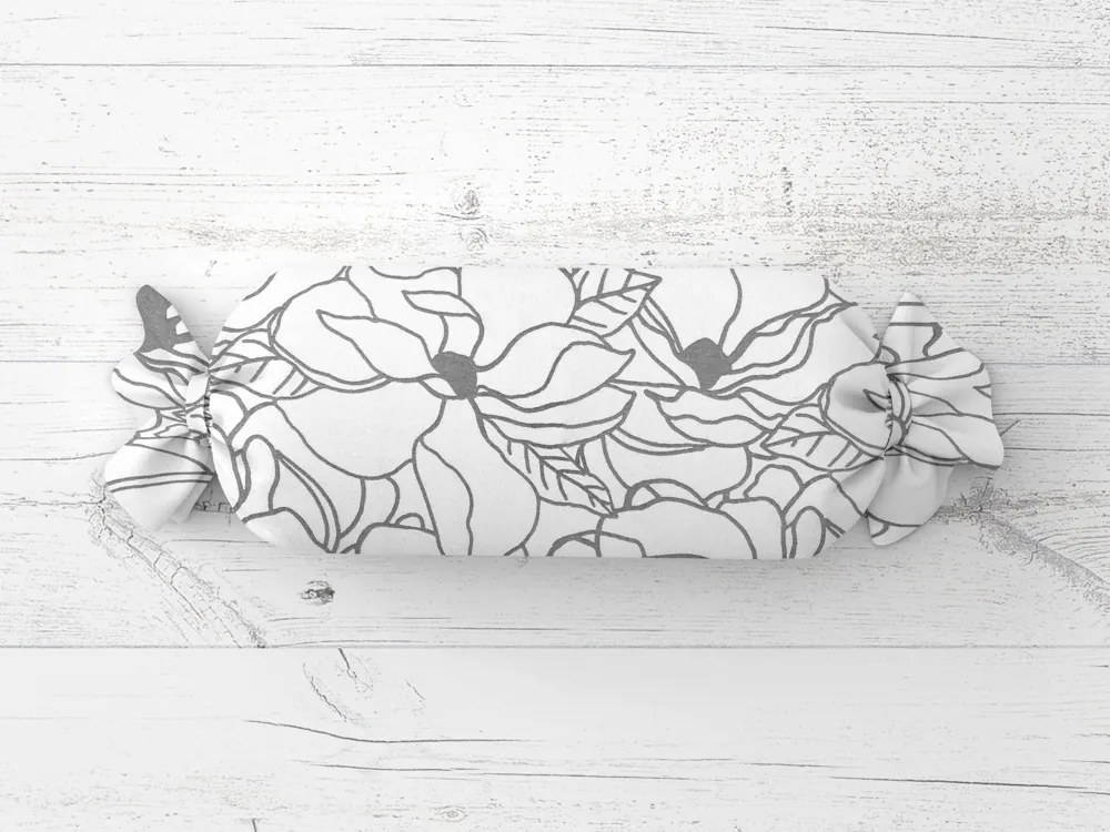 Biante Polštář válec bonbon Sandra SA-271 Šedé designové květiny na bílém 15x80 cm