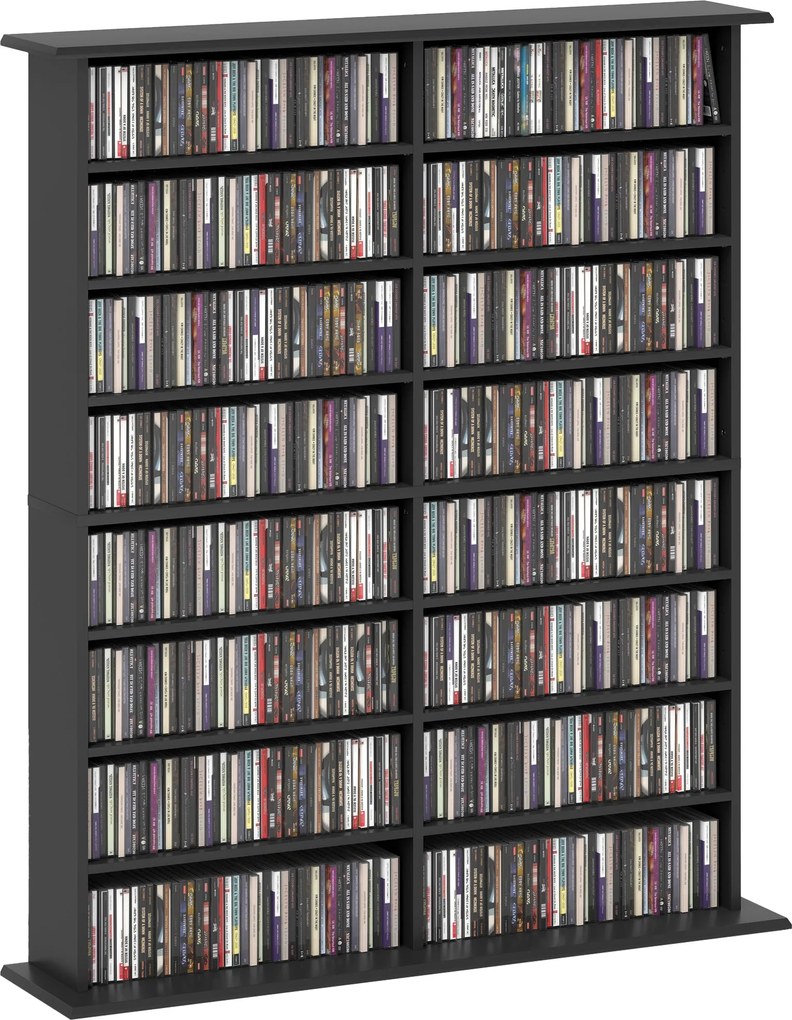 HOMCOM Moderní Knihovna s 16 Policemi pro 720 CD, Držák na CD z Dřevotřísky, 106,5x24x123,7 cm, Černá | Aosom